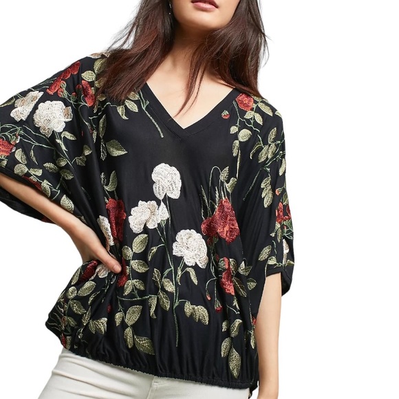 Anthropologie | Tops | Anthro Akemi Kin Allora Black Embroidered Floral ...